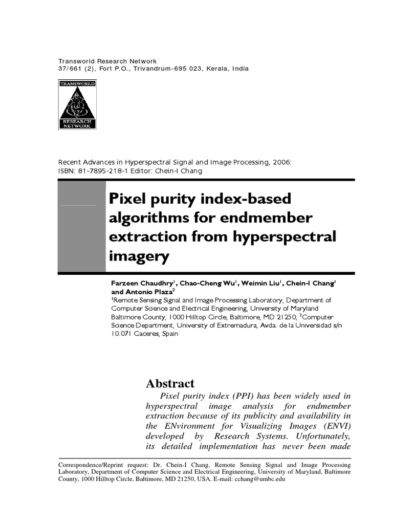 Pixel Purity Index Based Algorithms For Endmember Extraction From Hyperspectral Imagery Pdf