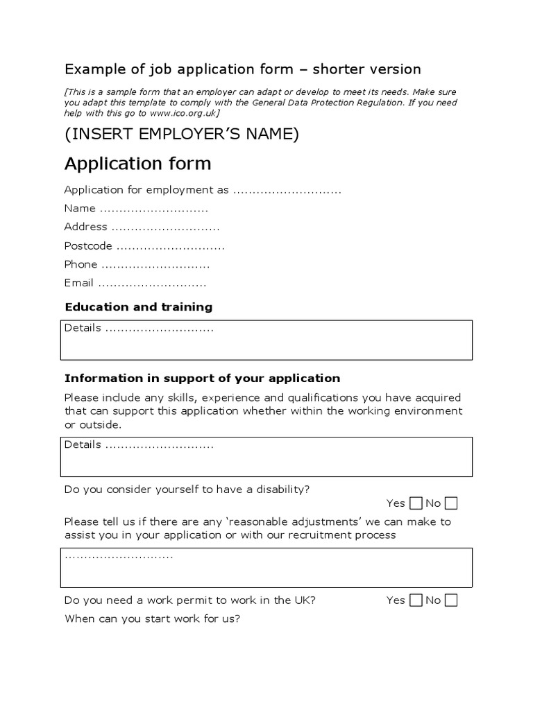 Job Application Form Shorter Version | PDF