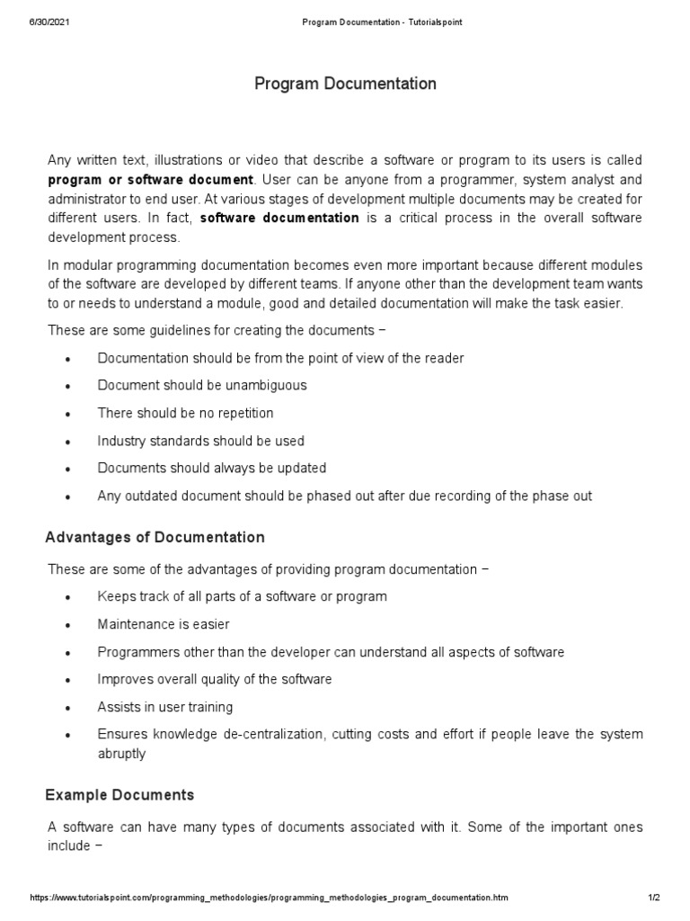 Program Documentation - Tutorialspoint | PDF | Software | Computer Program