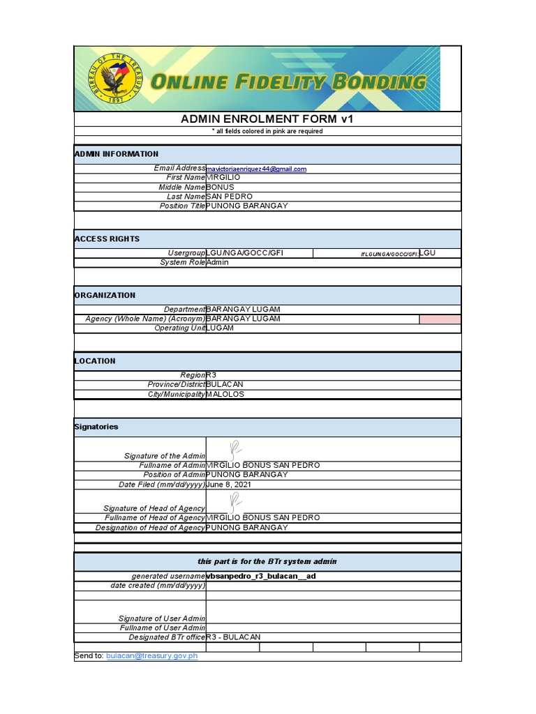 Fidelity Bond Admin Enrollment Form (Template) | PDF