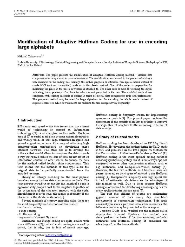 Modification Of Adaptive Huffman Coding For Use In Pdf Code Data Compression