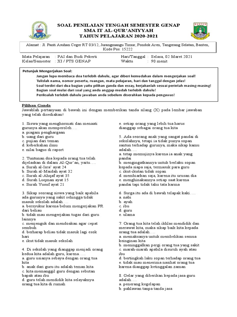 Soal PTS Genap Pai Kelas Xi (20-21) | PDF