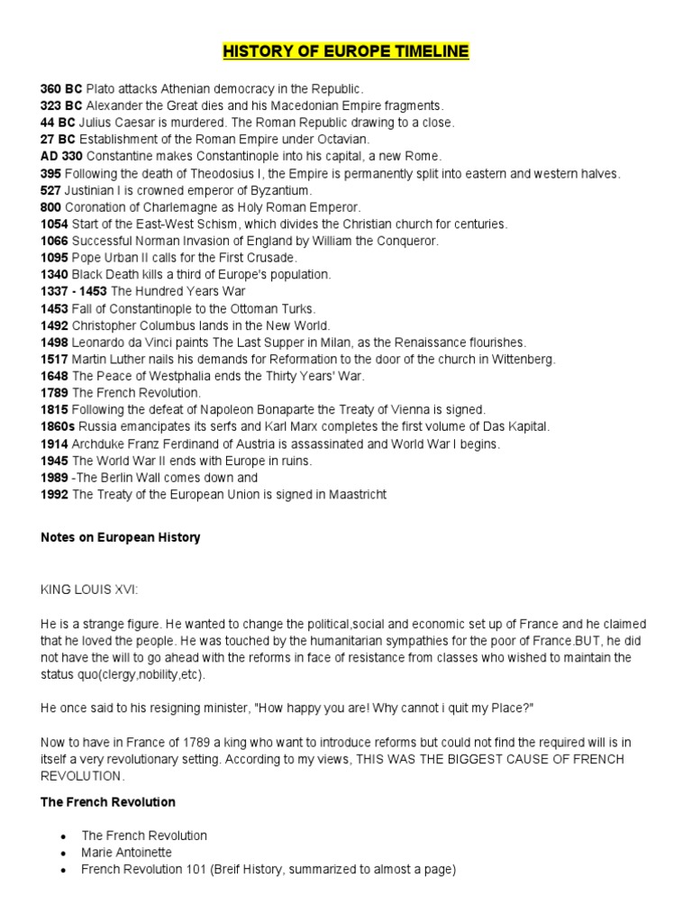 History of Europe Timeline | PDF | French Revolution | History Of Europe