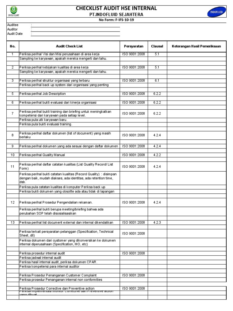 Checklist Audit HSE Internal ISO 9001 | PDF