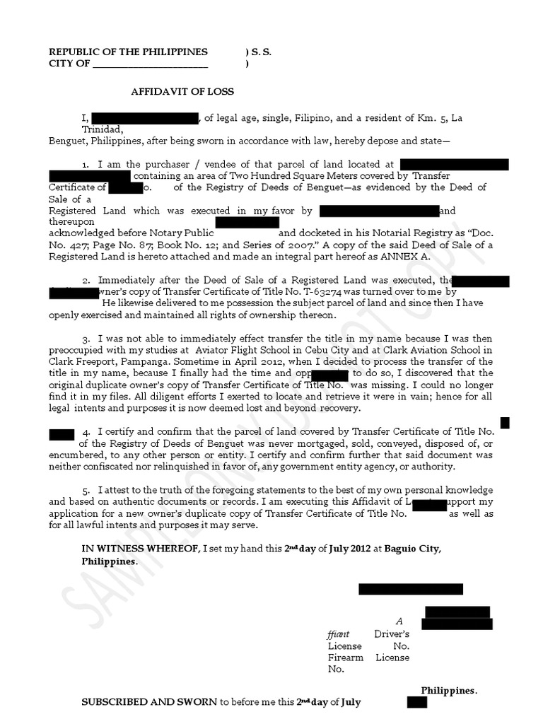 Affidavit of Loss for Title Recovery | PDF | Notary Public | Civil Law ...