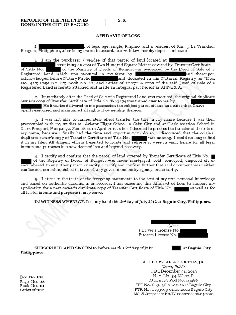 Affidavit of Loss of Title 10.05.2020 | PDF | Notary Public | Civil Law ...