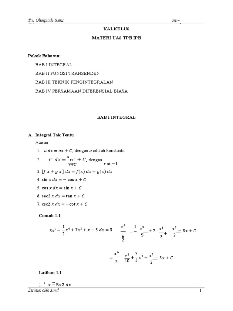 Kalkulus Materi Uas TPB Ipb Bab I Integral | PDF
