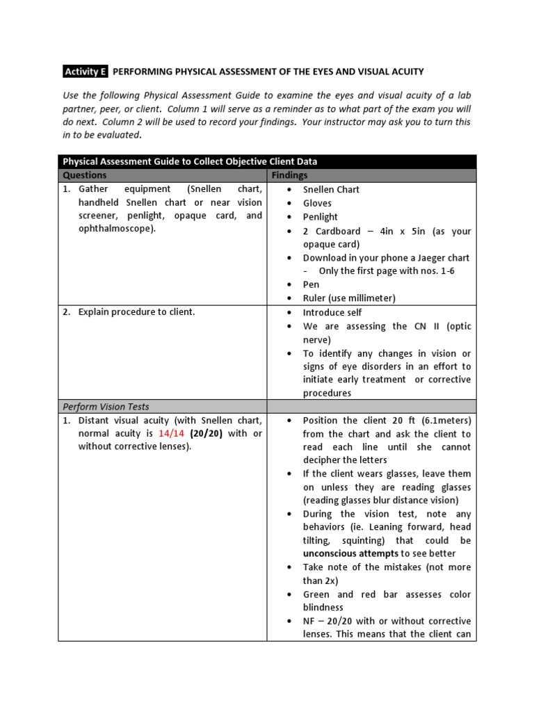 Physical Assessment Guide EYES AND VISUAL ACUITY | PDF | Visual Acuity ...