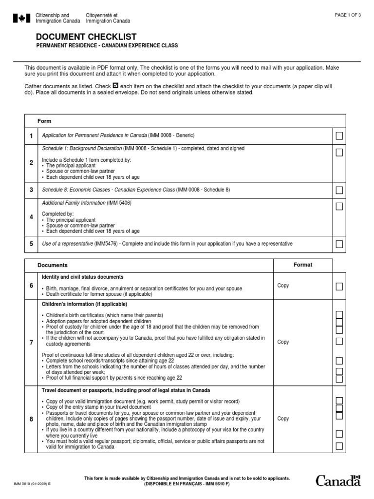 Document Checklist: Permanent Residence - Canadian Experience Class ...