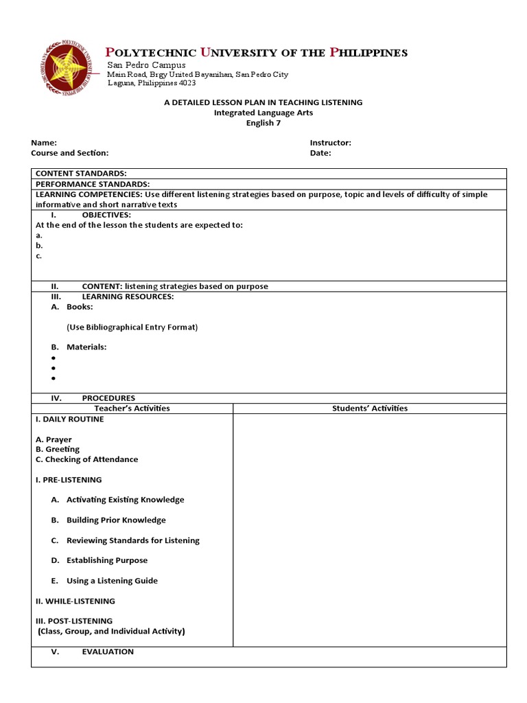 A Detailed Lesson Plan in Teaching Listening | PDF