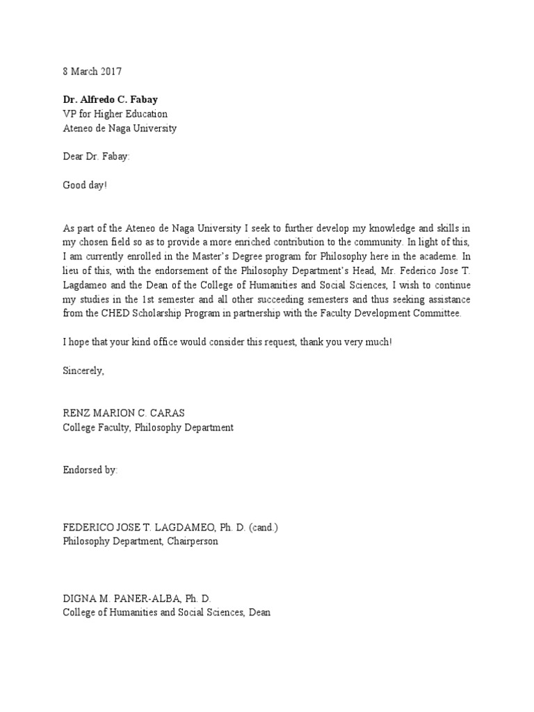 Endorsement Letter - For CHED Scholarship | PDF
