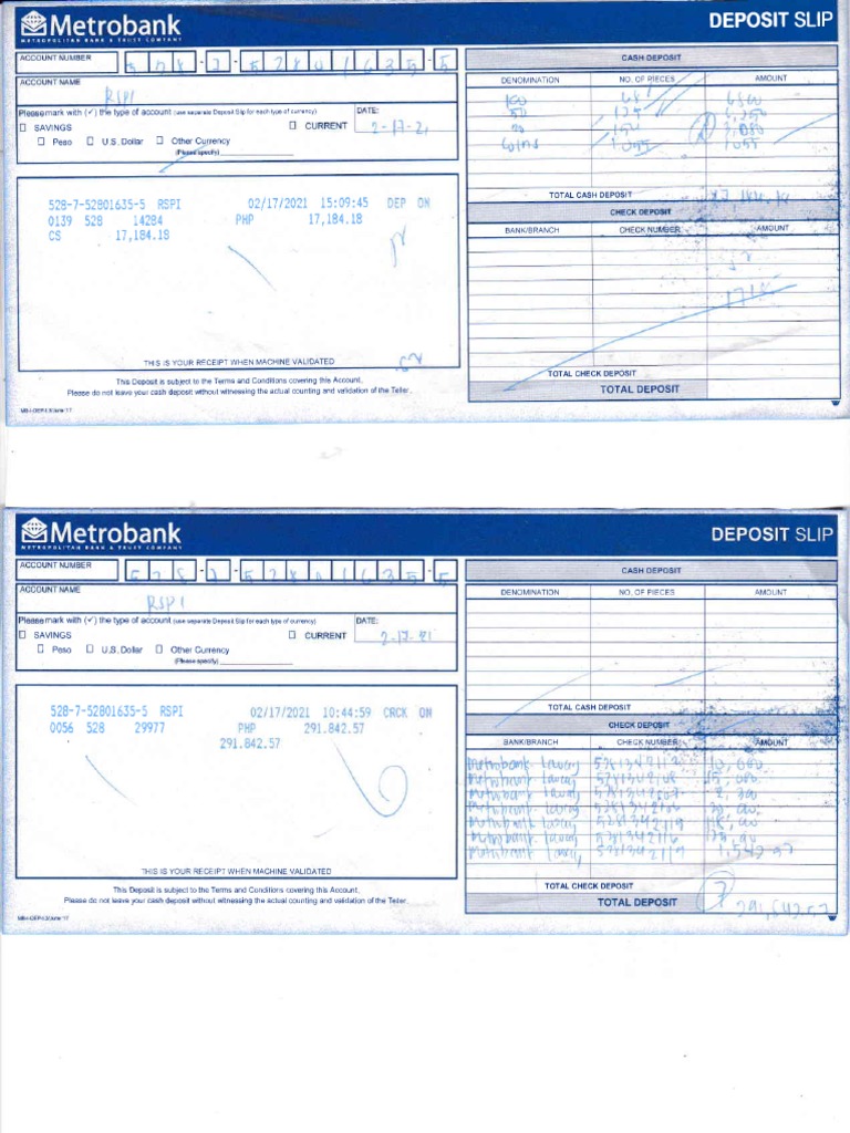 Deposit Slip Cash and Check Deposit | PDF