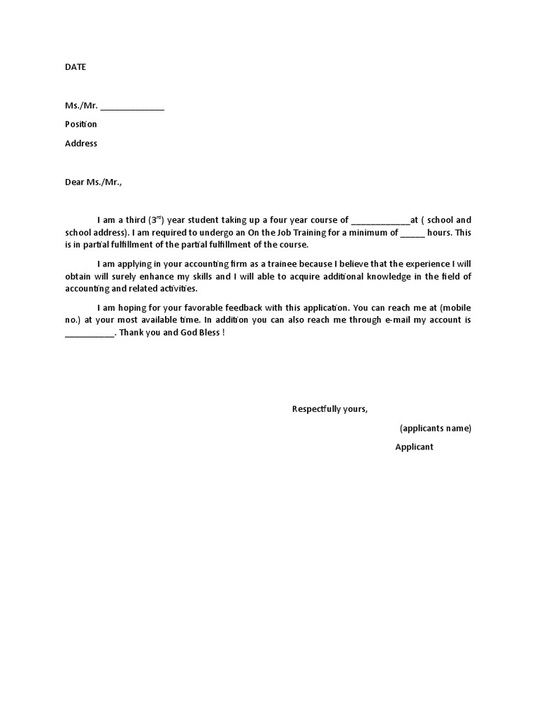 Application Letter For On The Job Training | PDF