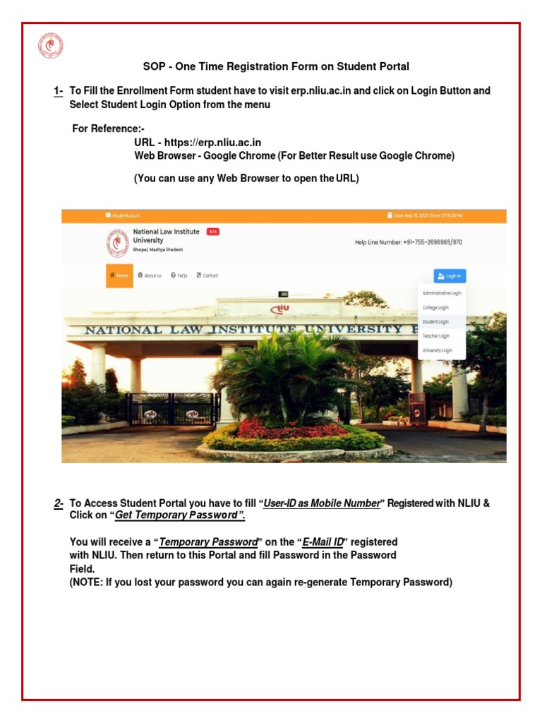 SOP - One Time Registration Form On Student Portal 1-: Get Temporary ...