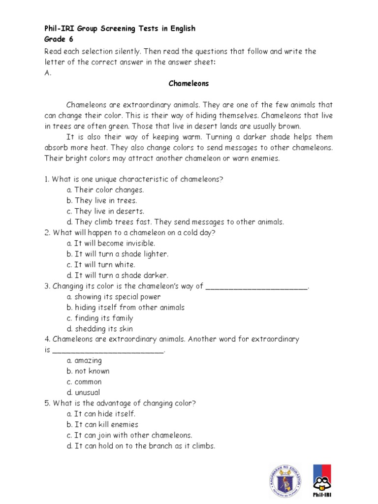 Grade 6 Phil-IRI Screening Test | PDF | Coral Reef | Sea