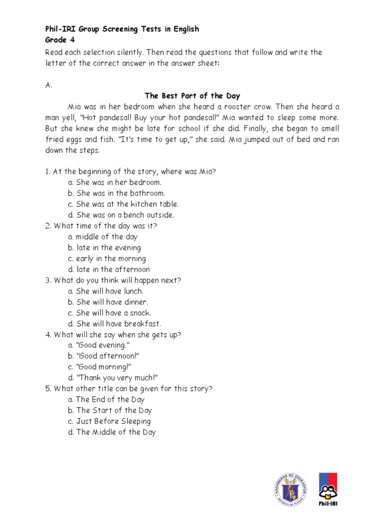 Phil-IRI Group Screening Test: Grade 4 | PDF | Language Arts & Discipline