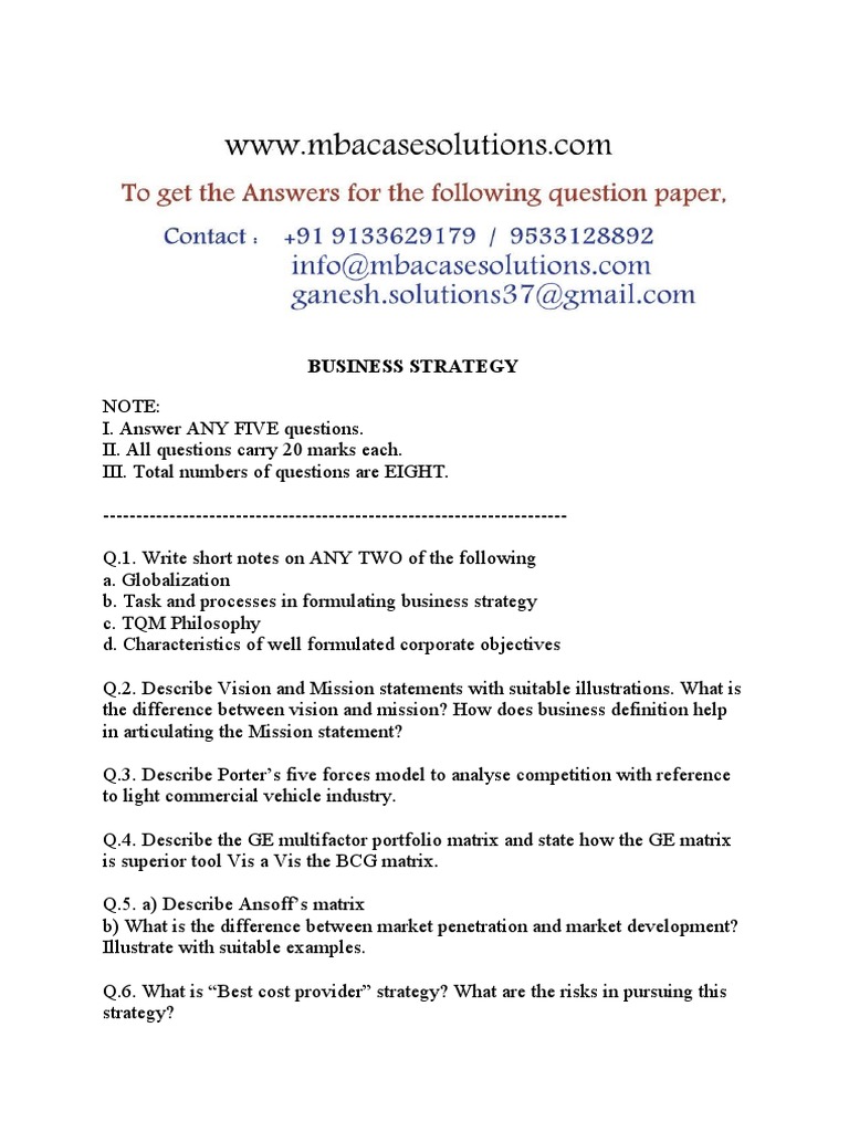Business Strategy - Write Short Notes On ANY TWO | PDF | Business ...