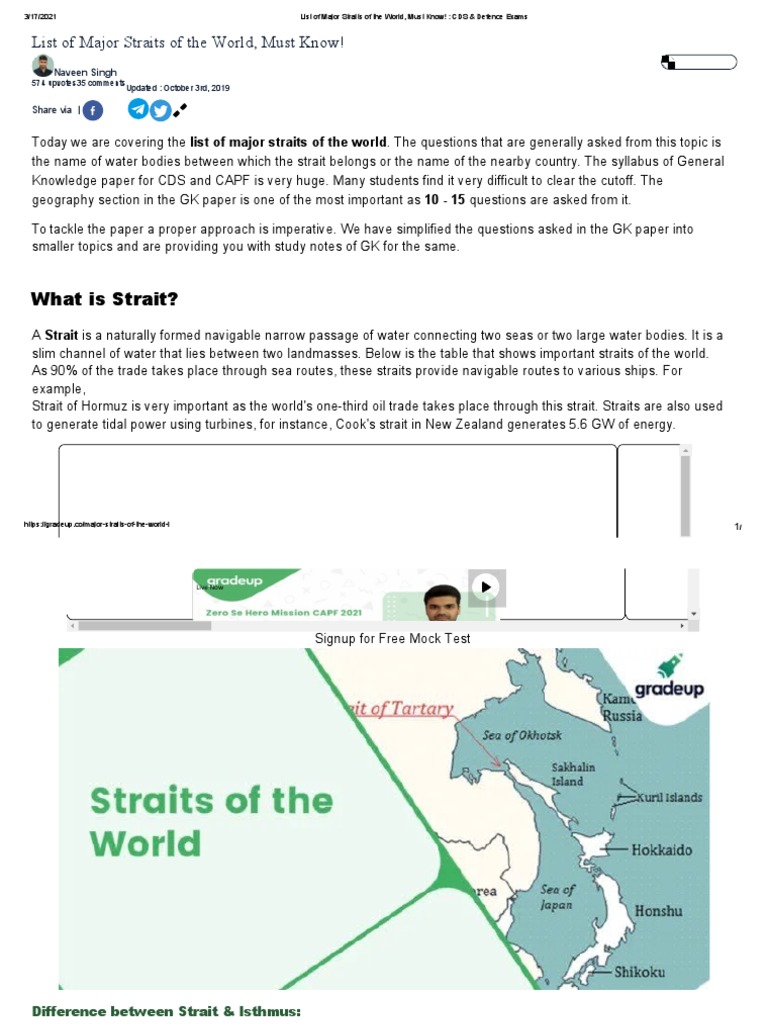 List of Major Straits of The World, Must Know! - CDS & Defence Exams | PDF