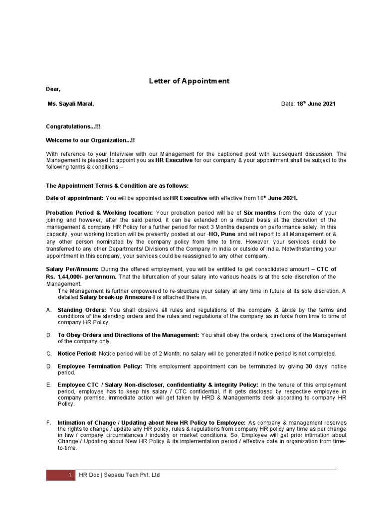 Appointment Letter-Sayali Maral - For Merge | PDF | Confidentiality ...