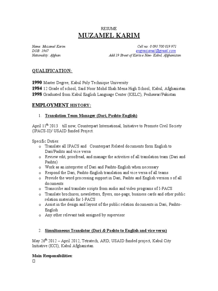 Muzamel Karim: 1990 1984 1998 Employment | PDF | Afghanistan | Science
