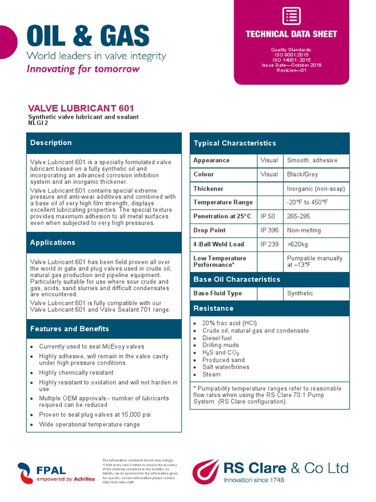 RS Clare 601 Valve Lubricant Overview | PDF | Lubricant | Valve