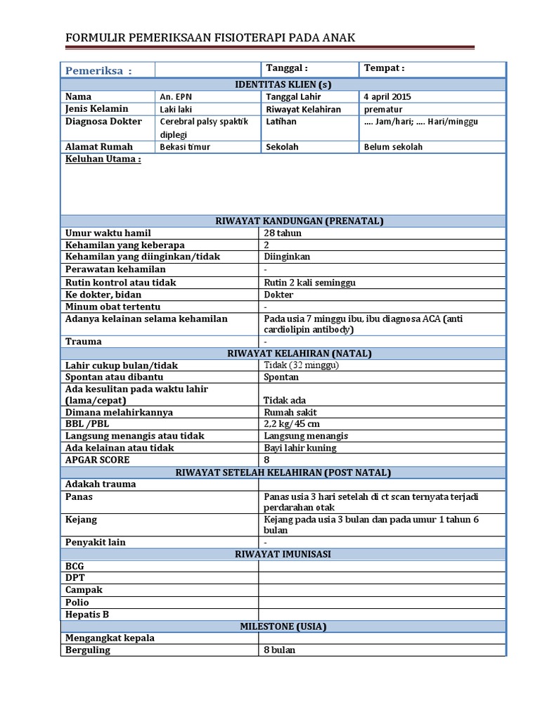 FORMULIR PEMERIKSAAN FISIOTERAPI PADA ANAK Feb 18 | PDF