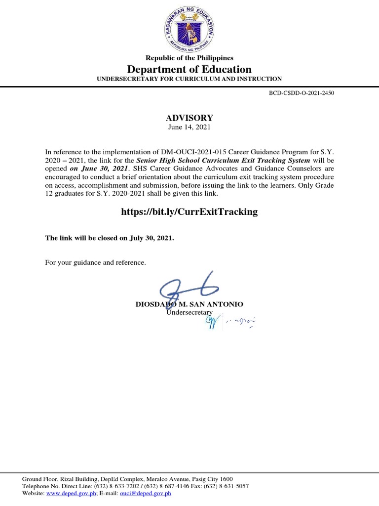 SHS Curriculum Exit Tracking Advisory | PDF