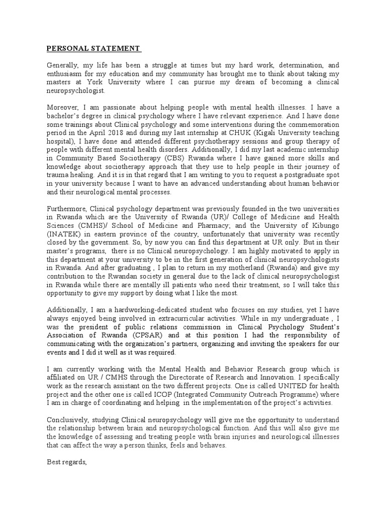Personal Statement | PDF | Neuropsychology | Clinical Psychology