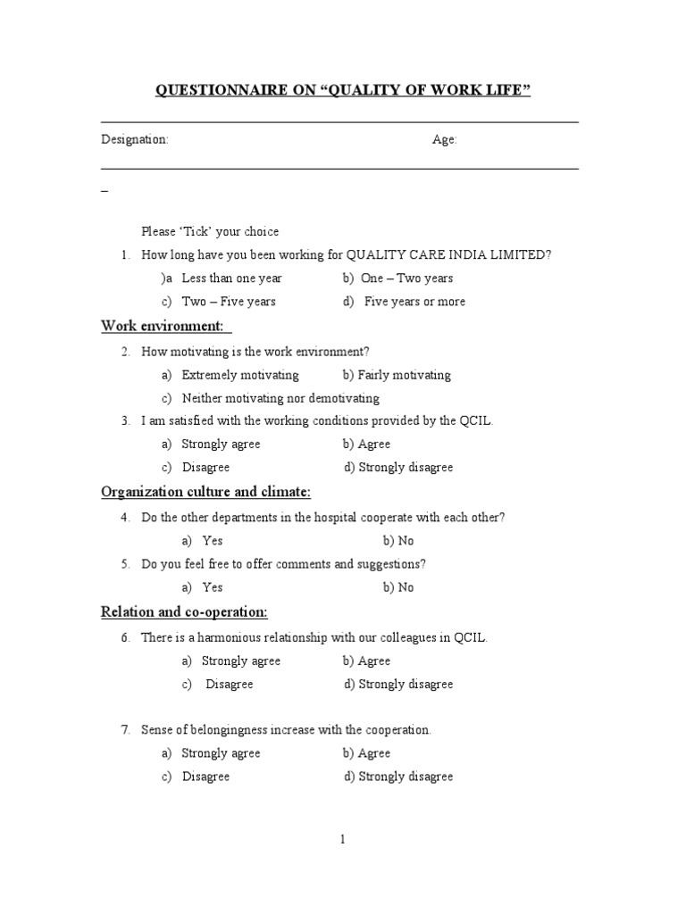 QWL Questionnaire | PDF | Employee Benefits | Employment