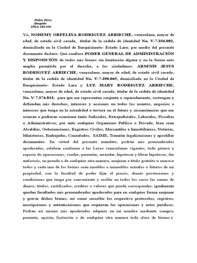Poder General de Administracion y Disposicion | PDF | Propiedad | Cheque