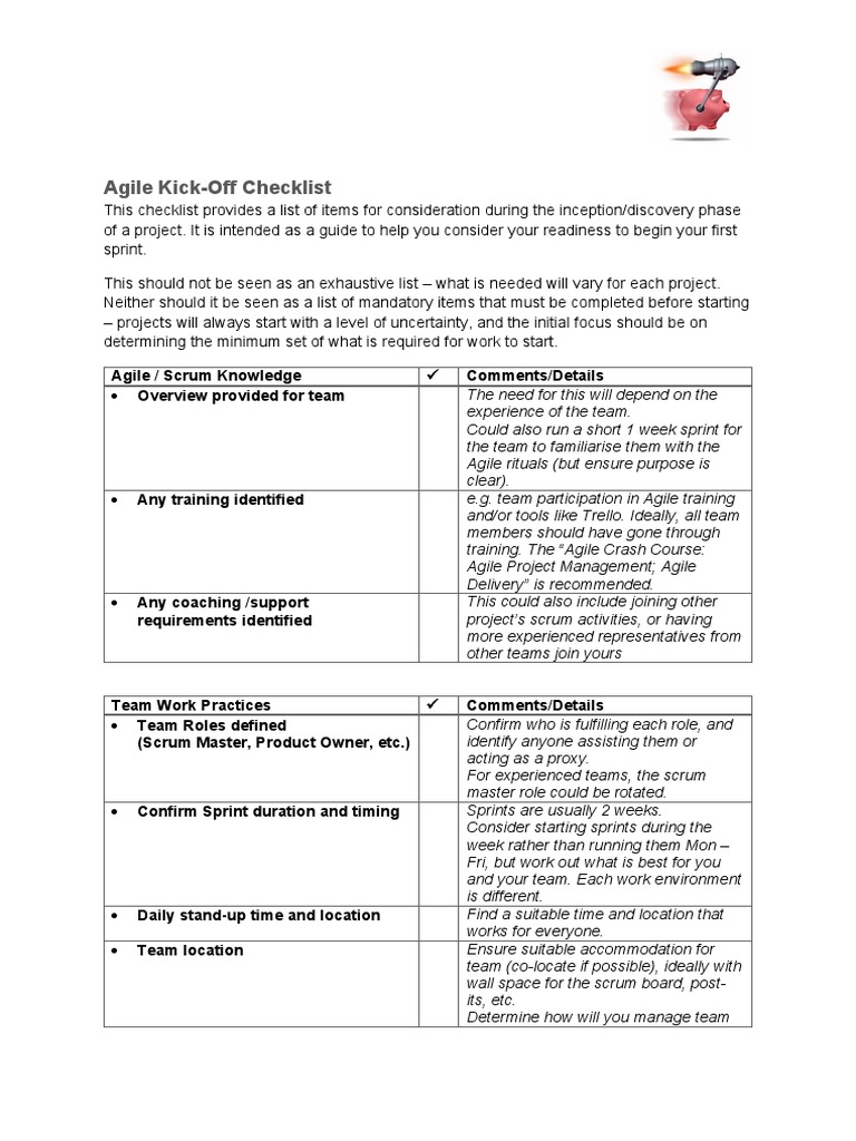 Agile Kick-Off Checklist: Agile / Scrum Knowledge Comments/Details ...