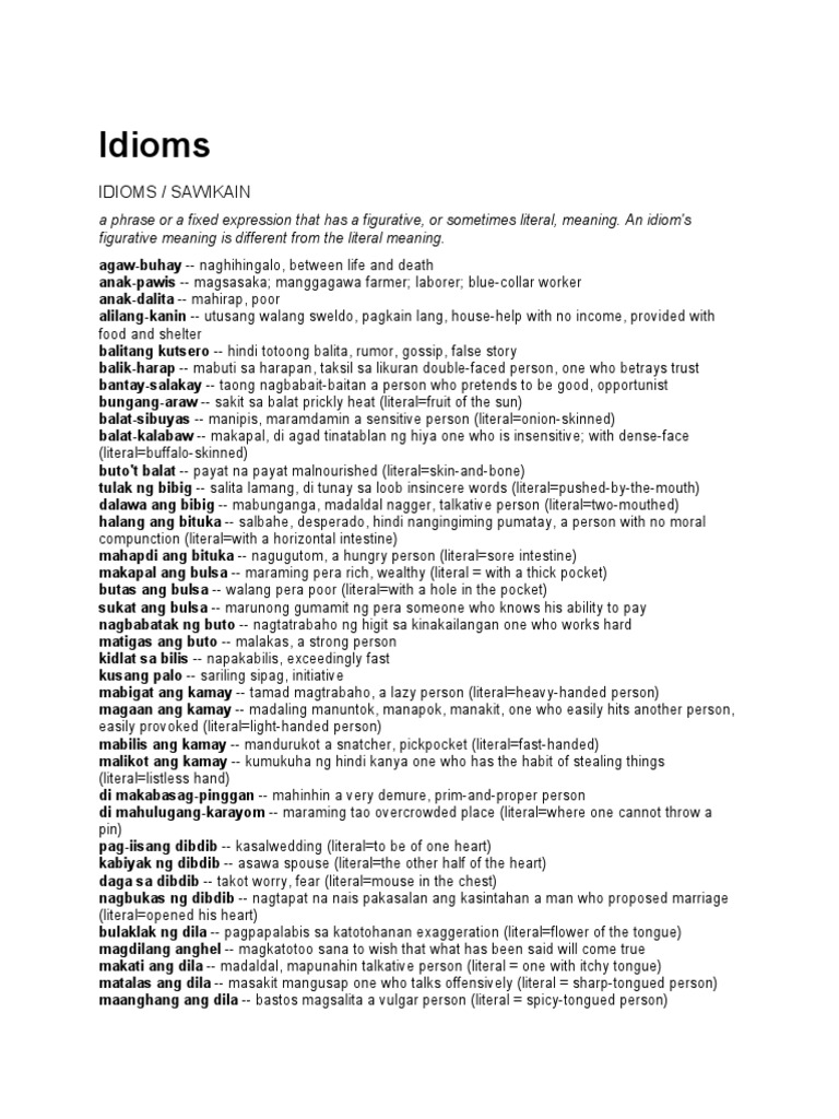 A Comprehensive Collection of Filipino Idioms and Their Figurative Meanings | PDF