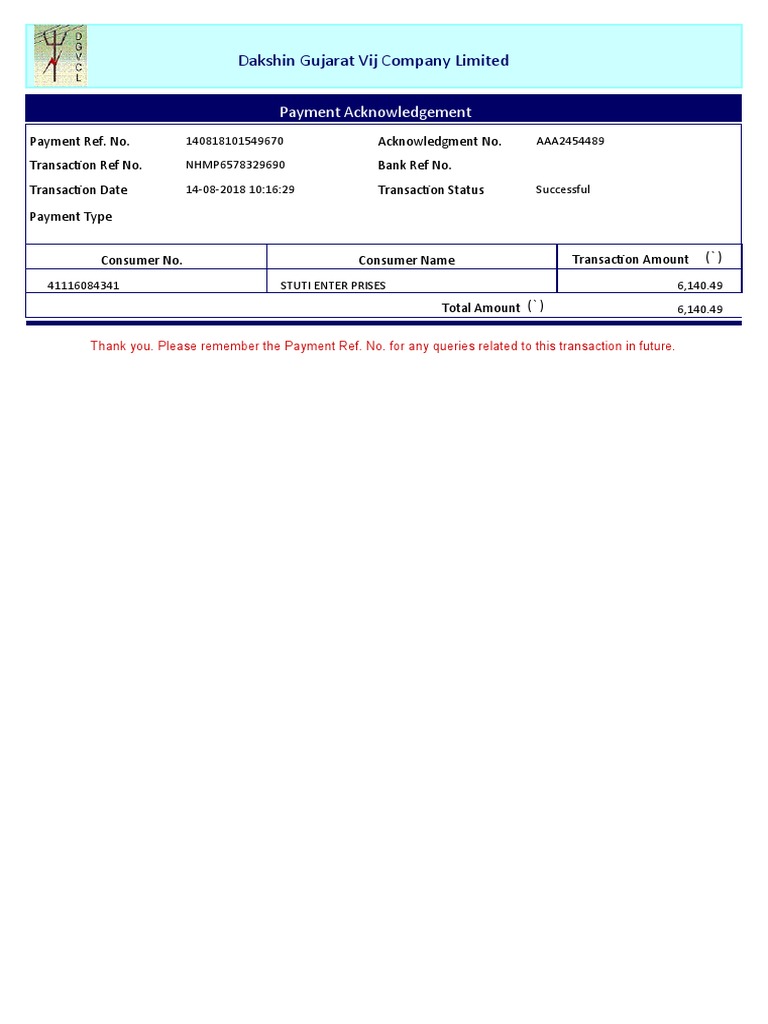 Dakshin Gujarat Vij Company Limited: Payment Acknowledgement | PDF