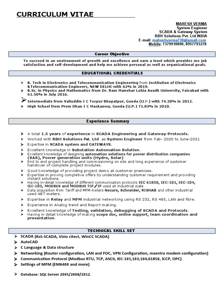 Mahesh Verma System Engineer SCADA and Gateways (CV) | PDF | Scada | Telecommunication