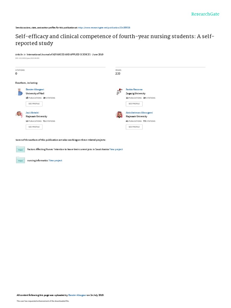 Self-Efficacy and Clinical Competence of Fourth-Year Nursing Students: A Self-Reported Study ...