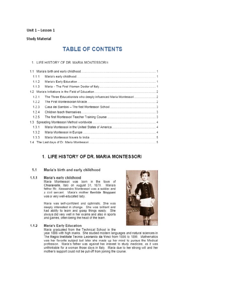 Unit 1 - Life History of Maria Montessori (Theory) | PDF