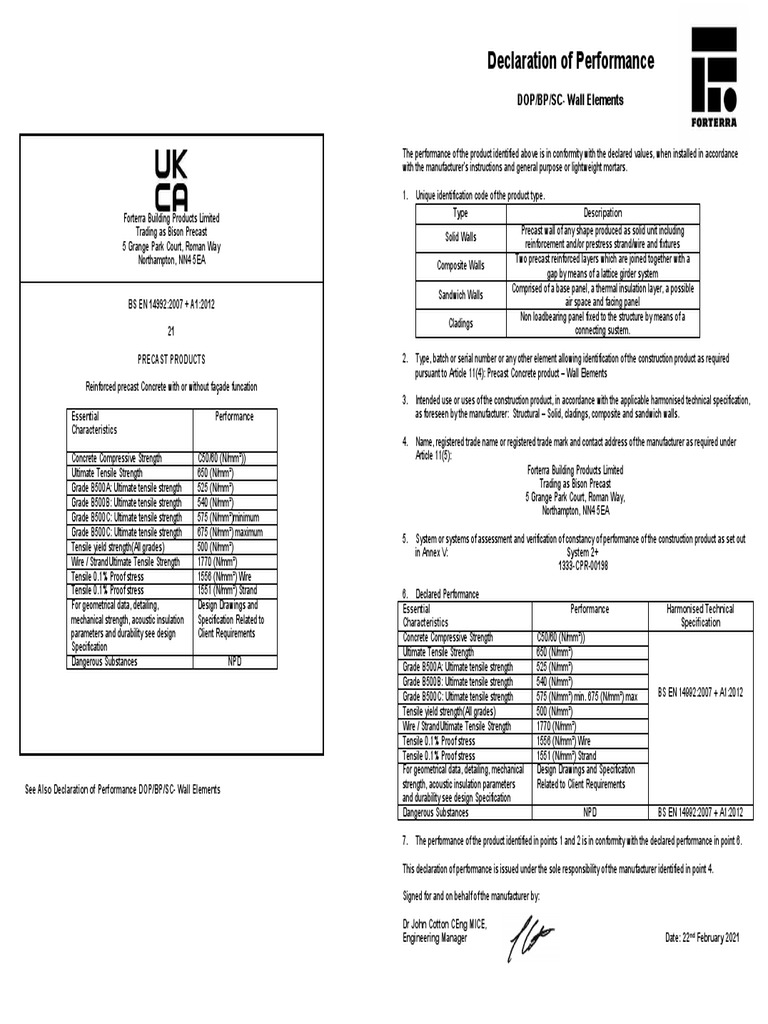 Bison UKCA DOP Certificate Wall Elements | PDF | Precast Concrete ...