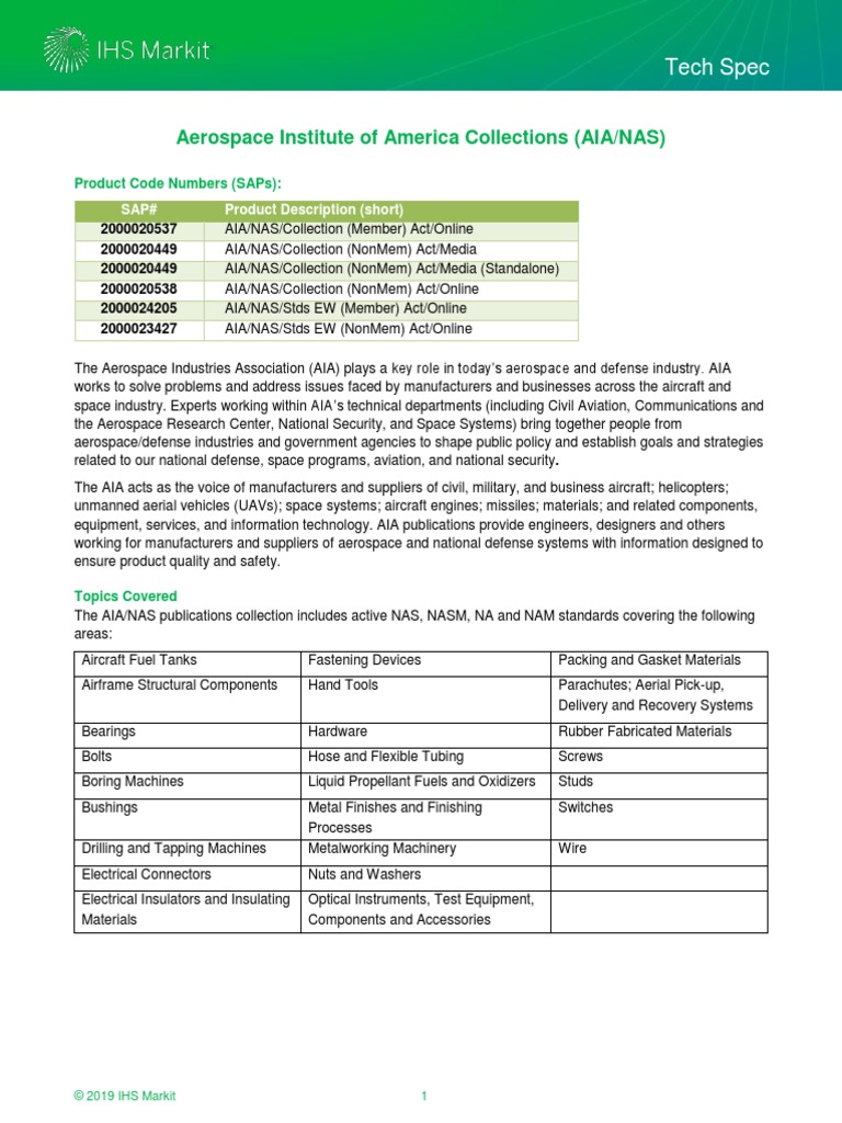 Aia Nas Tech Spec | PDF | Aerospace | Manufactured Goods