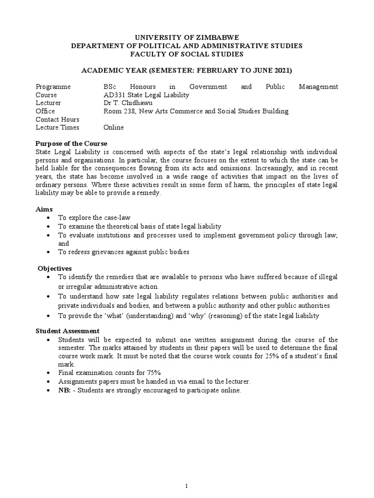 State Legal Liability Course at University of Zimbabwe | PDF | Tribunal ...