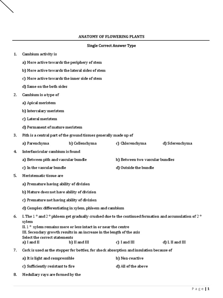 Anatomy of Flowering Plants MCQs | PDF | Plant Stem | Tissue (Biology)