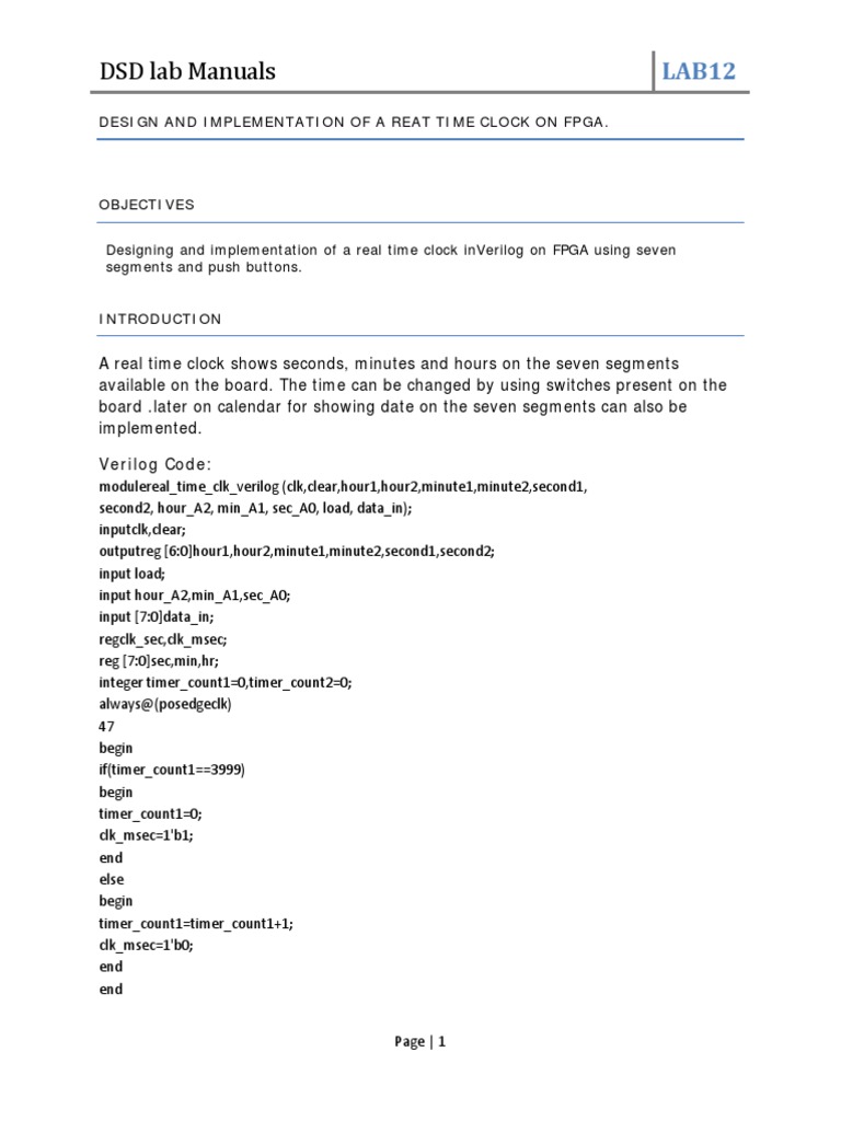 DSD Lab Manuals: Design and Implementation of A Reat Time Clock On Fpga | PDF | Field ...