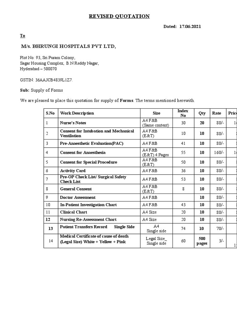 Quotation for Forms Supply to Bhrungi Hospital | PDF | Medical ...