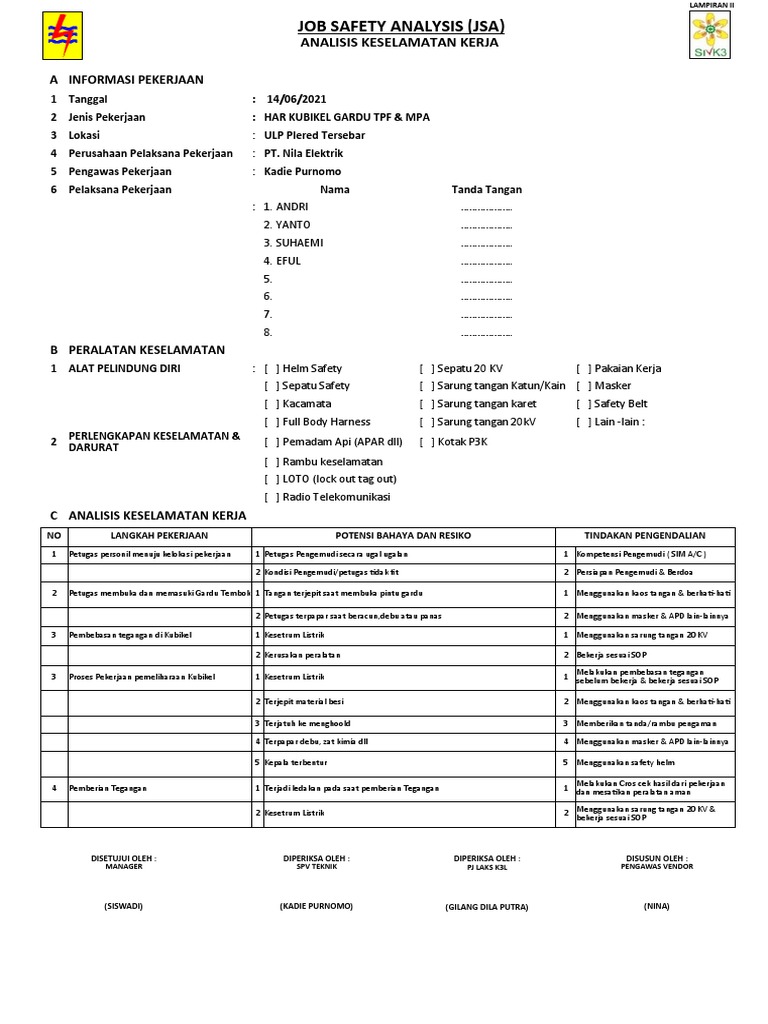 Formulir Jsa Har Kubikel | PDF