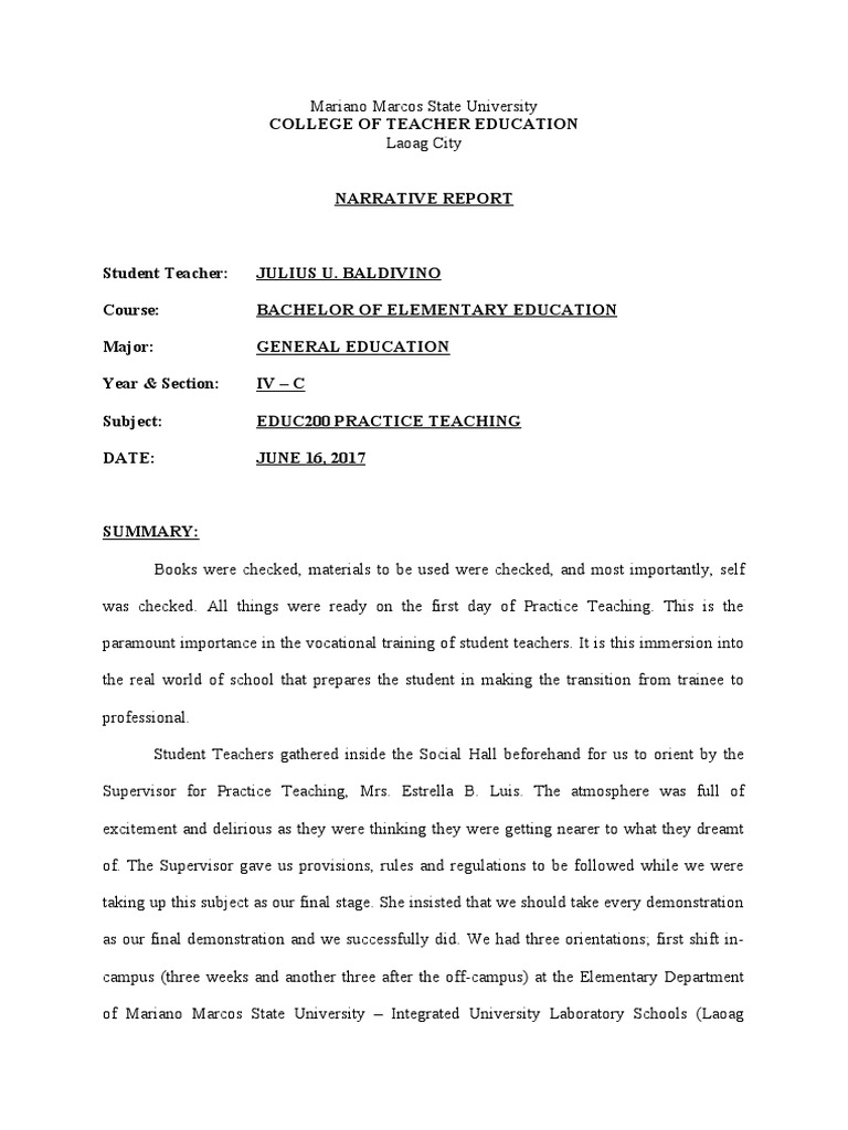 Narrative Report On Practice Teaching | PDF | Lesson Plan | Teachers