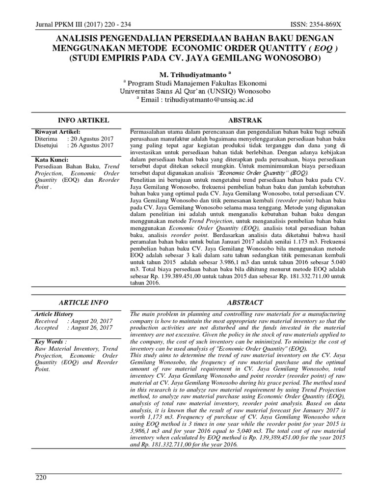 Analisis Pengendalian Persediaan Bahan Baku Dengan Menggunakan Metode Economic Order Quantity ...