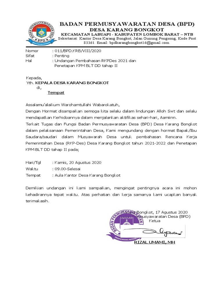 Undangan Musdes RKPDes 2021 BPD Karang Bongkot | PDF