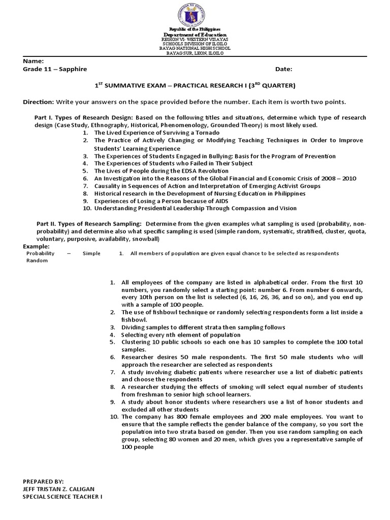 Q3 Summex1 PR1 | PDF | Sampling (Statistics) | Science