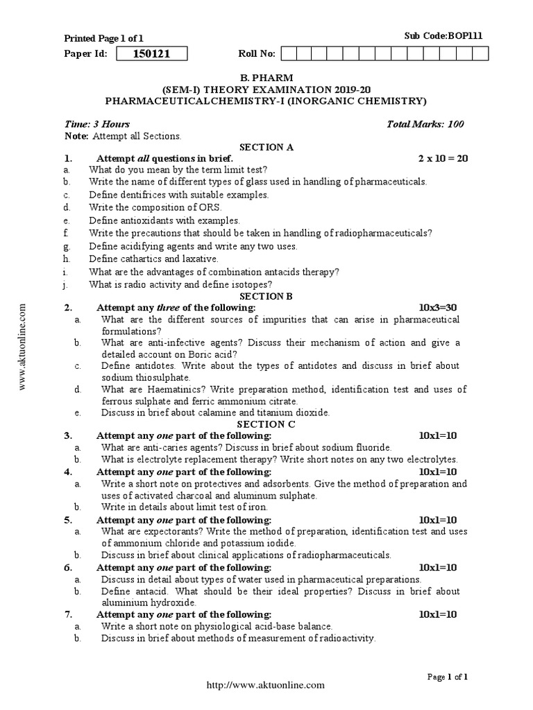 Bpharm 1 Sem Pharmaceutical Chemistry 1 Inorganic Chemistry Bop111 2020 ...