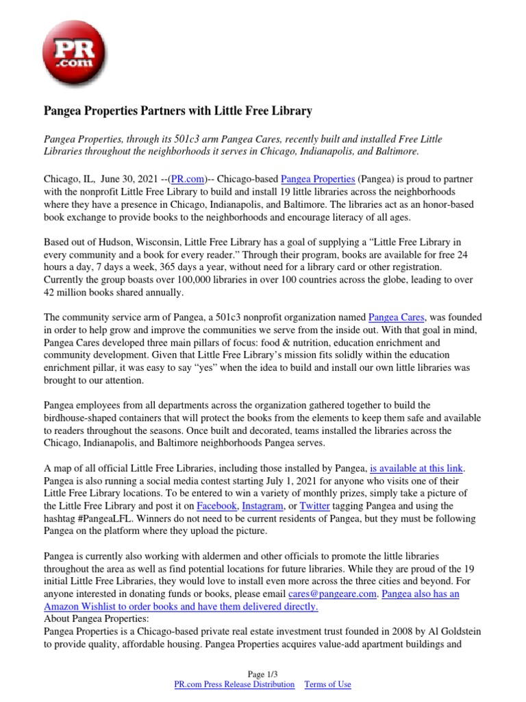 Pangea Properties Partners With Little Free Library | PDF | Press ...