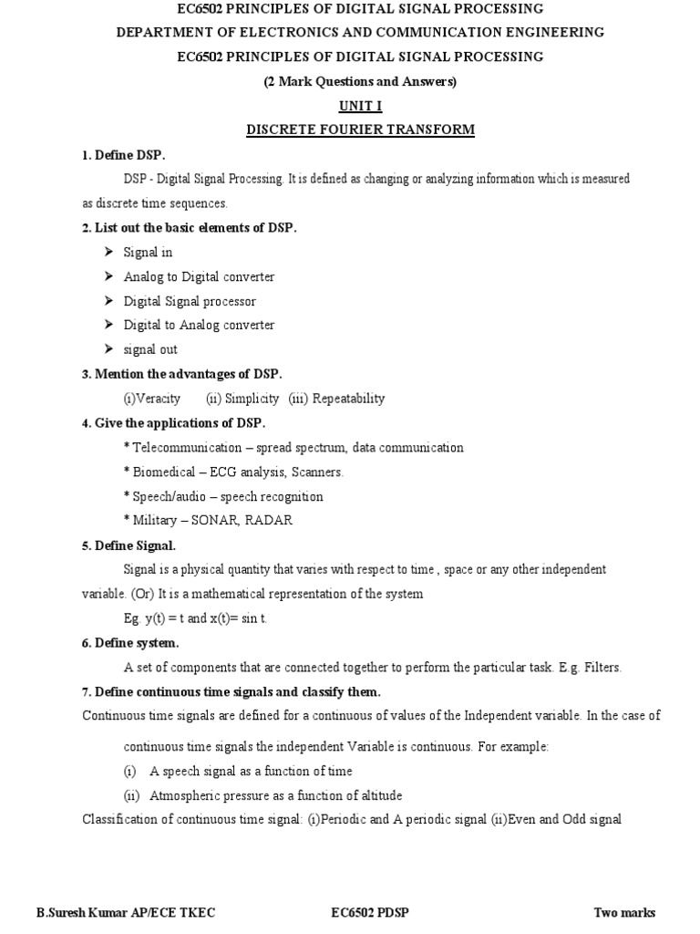 B.Suresh Kumar Ap/Ece Tkec Ec6502 PDSP Two Marks | PDF | Digital Signal Processing | Discrete ...